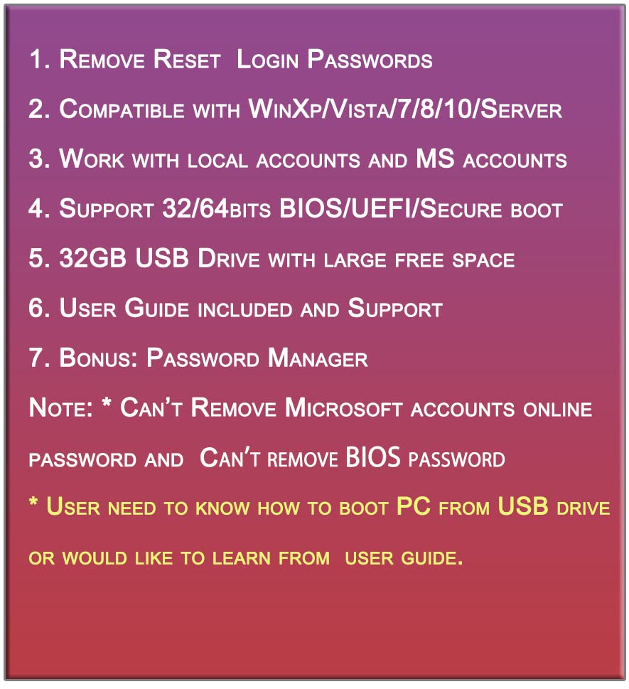 32GB USB Compatible Password Reset Recovery | Remove Reset Recover login Password | Unlock Coumputer | Bonus: Password Manager | Compatible with Windows XP,Vista,7,8.1,10,Server