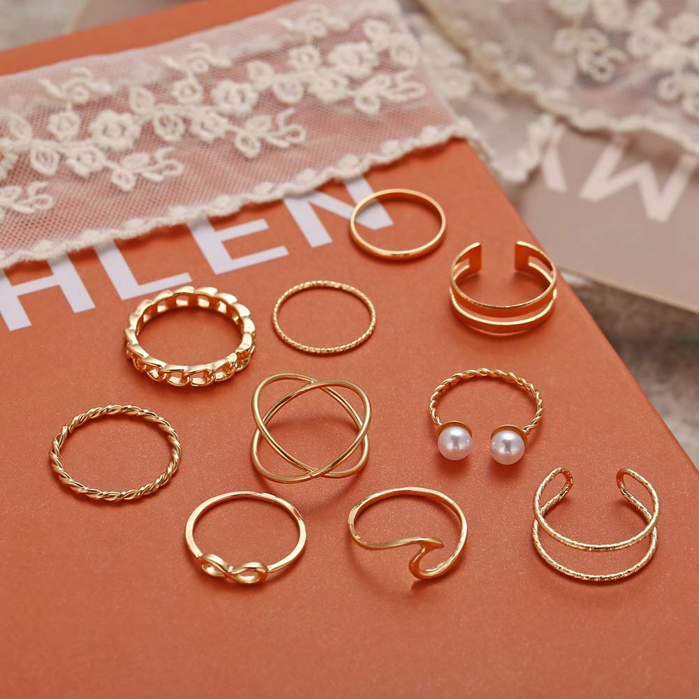 17 MILE 10 Pcs Gold Knuckle Stackable Rings Set for Women, Bohemian Gold/Silver Plated Comfort Fit Vintage VSCO Wave Joint Finger Rings Gift (Gold)