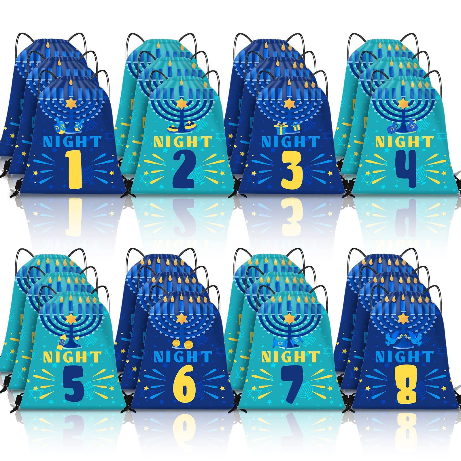 24 Pcs 8 Nights of Hanukkah Gift Bags Drawstring Countdown Calendar Goodies Bag Hanukkah Bag Dreidel Menorah Treat Bags for Kids Jewish Chanukah Wedding Bridal Shower Birthday Decorations
