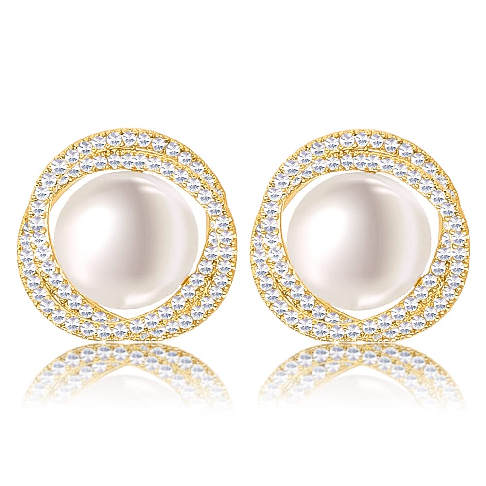 14K Gold Plated Pearl Earrings Studs With Diamonds Women's Cubic Zirconia Stud Earrings 9-12mm Freshwater Cultured Pearl Earring