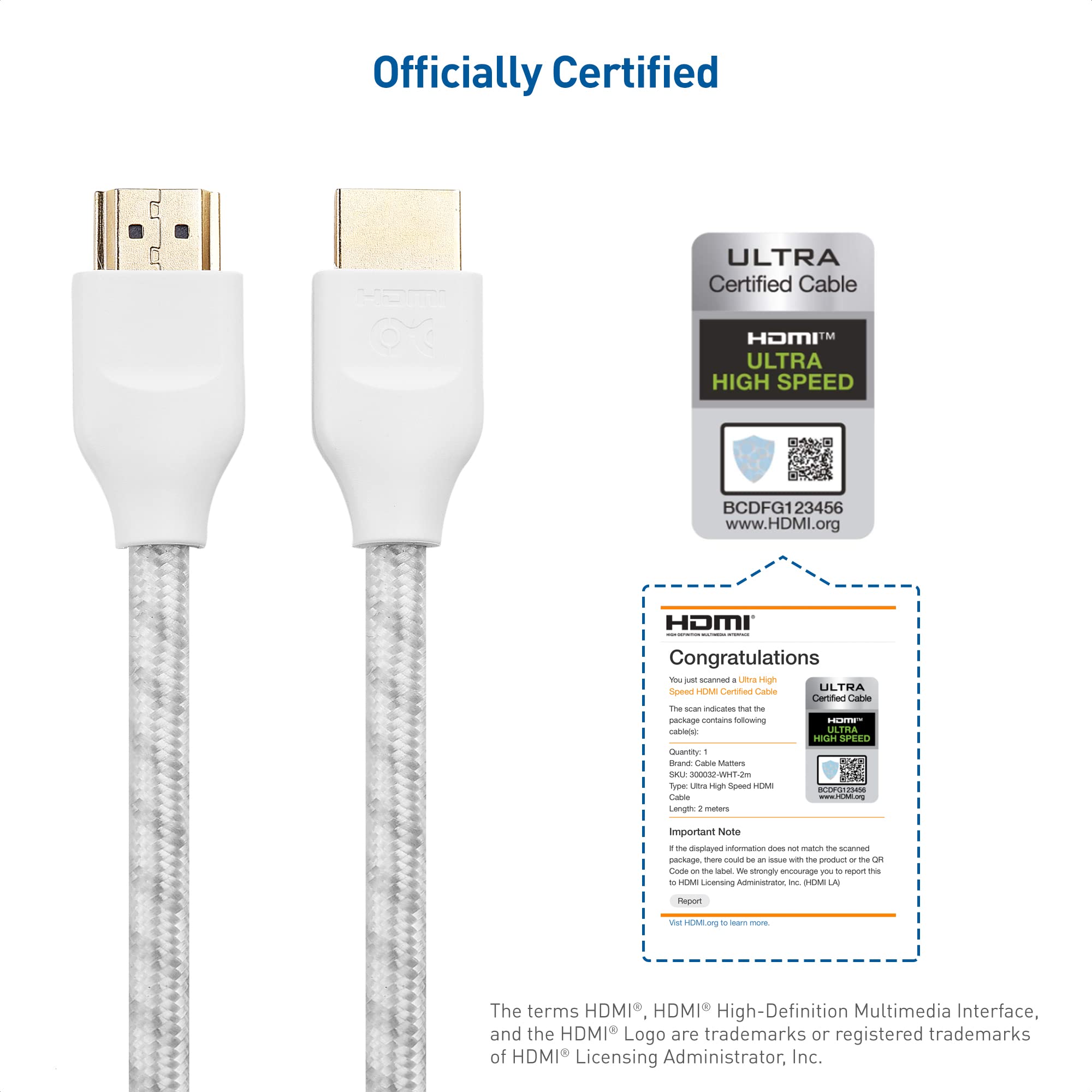 Cable Matters [Ultra High Speed HDMI Certified] Braided 48Gbps 8K HDMI Cable 6.6 ft / 2m with 8K @120Hz, 4K @240Hz and HDR Support for PS5, Xbox Series X/S, RTX3080 / 3090, Apple TV and More in White
