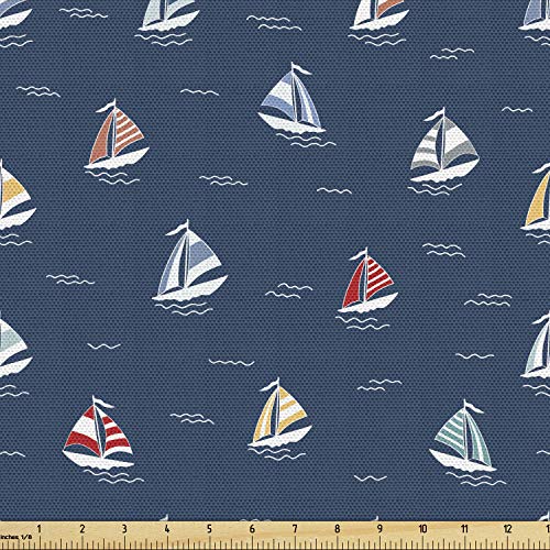 Ambesonne Maritime Fabric by The Yard, Minimal Colorful Sailboats Pattern of Line Art Waves Ocean Themed, Decorative Fabric for Upholstery and Home Accents, 1 Yard, Dark Sky Blue Multicolor