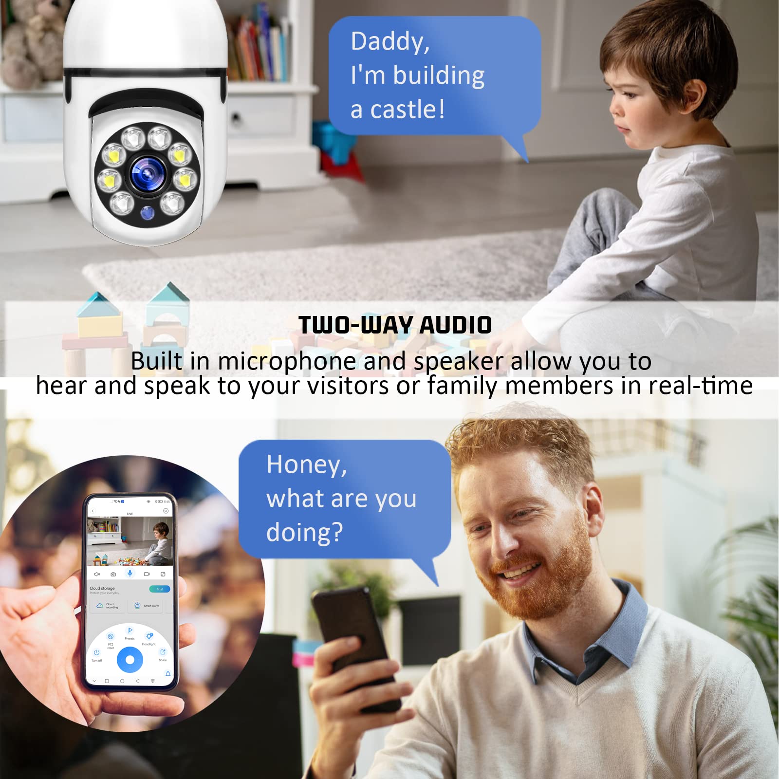 1080P Light Bulb Camera - 360 Degree Security Camera Wireless Outdoor & Indoor - Wifi Home Camera with APP for Phone - Light Socket Monitor with Motion Detection and Alarm/ Two-Way Audio/ Night Vision