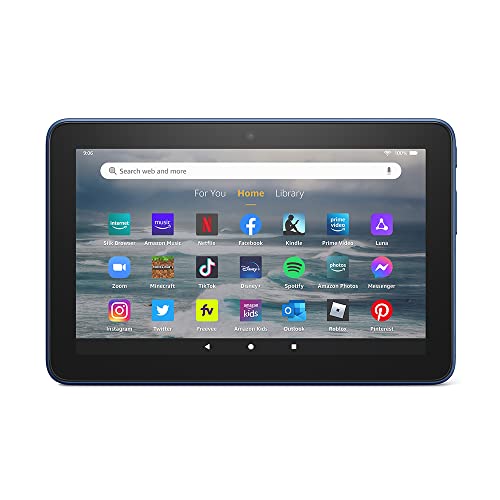 Amazon Fire 7 tablet, 7” display, 16 GB, 10 hours battery life, light and portable for entertainment at home or on-the-go, (2022 release), Denim