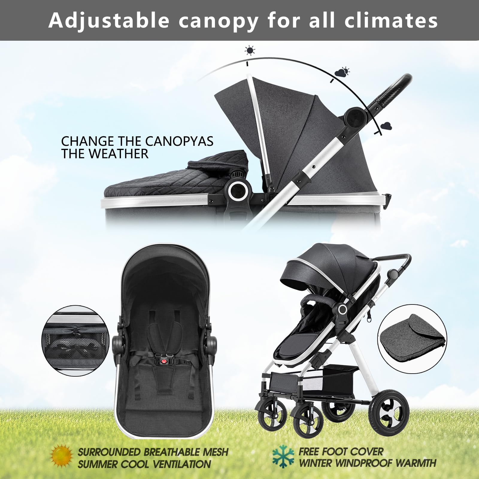 Blahoo Baby Stroller for Newborn, 2 in1 High Landscape Stroller, Foldable Aluminum Alloy Pushchair with Adjustable Backrest.Adjustable Awning, Variable Seat and Recliner(Black)