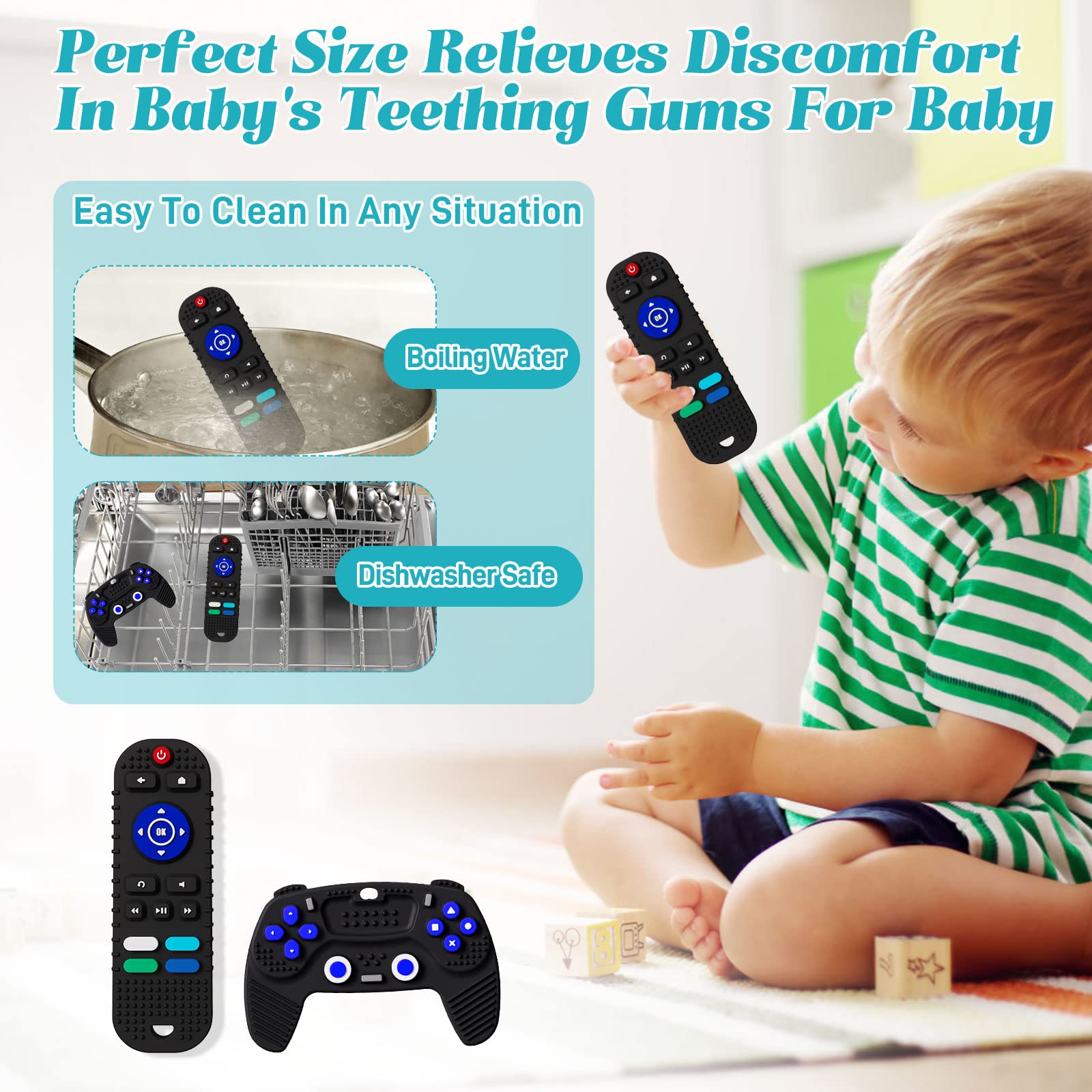 2-Pack Silicone Remote Control Game Pad Baby Teether Toys, Teething Toys for Toddler, Chew Toy for Baby 6-12 Months, Sensory Press Toy (Black + Black)