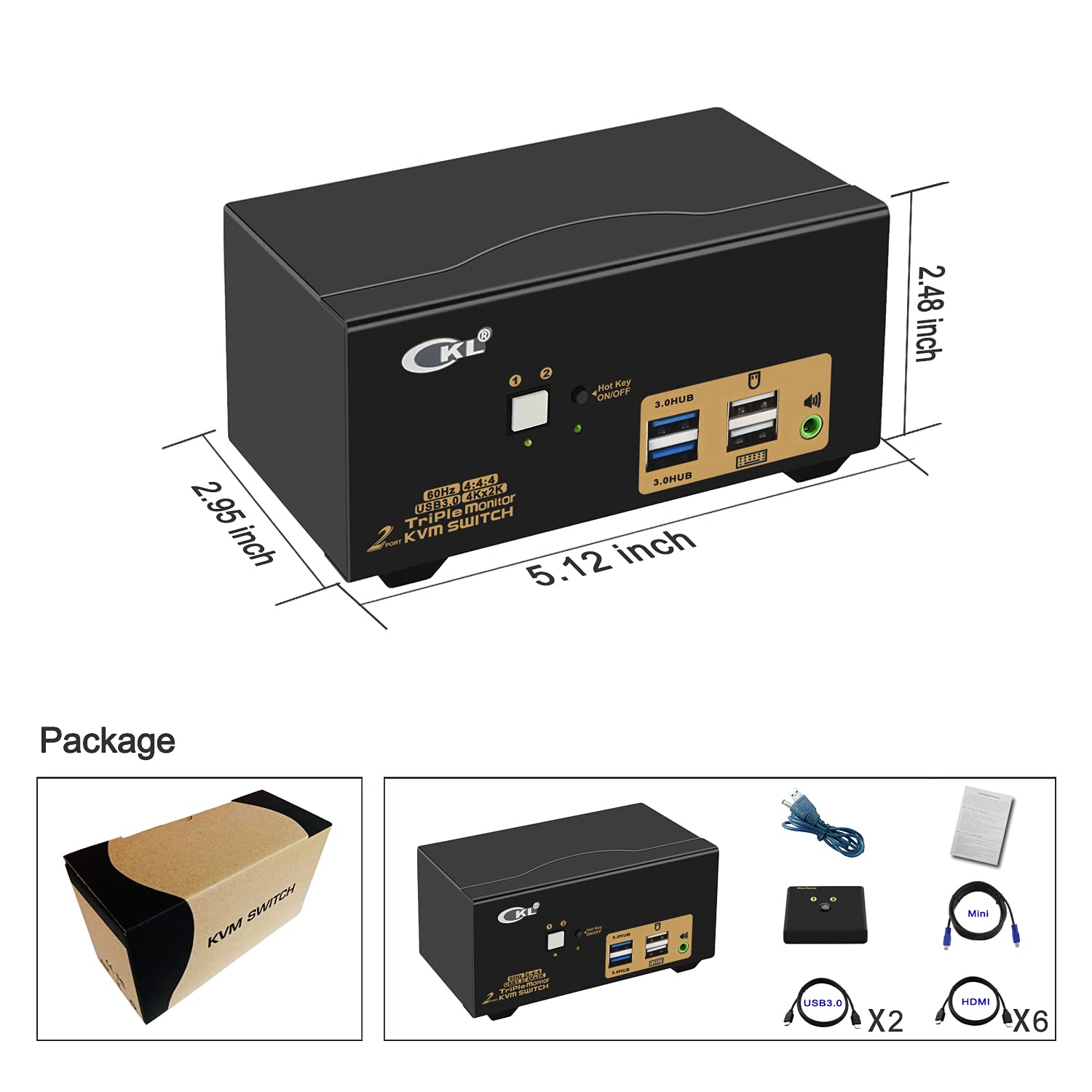 CKL USB 3.0 HDMI KVM Switch Triple Monitor 2 Port Extended Display 4K 60Hz with Cables and Audio 923HUA-3