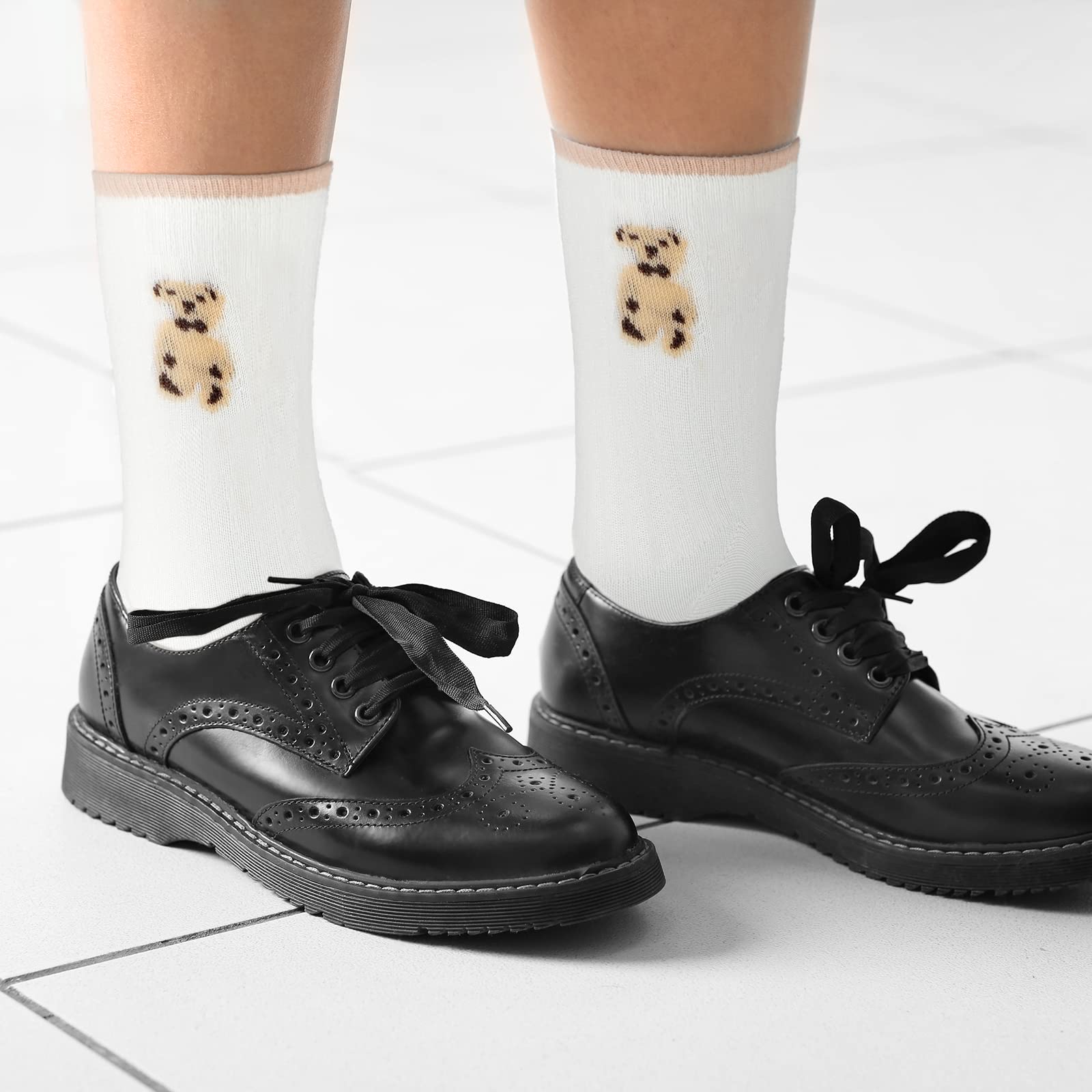 12 Pair Crew Socks for Women Girl Comfortable Casual Soft Cotton Socks Solid Color Bear Cute Socks Stretch Long Above Ankle Women's Calf Socks
