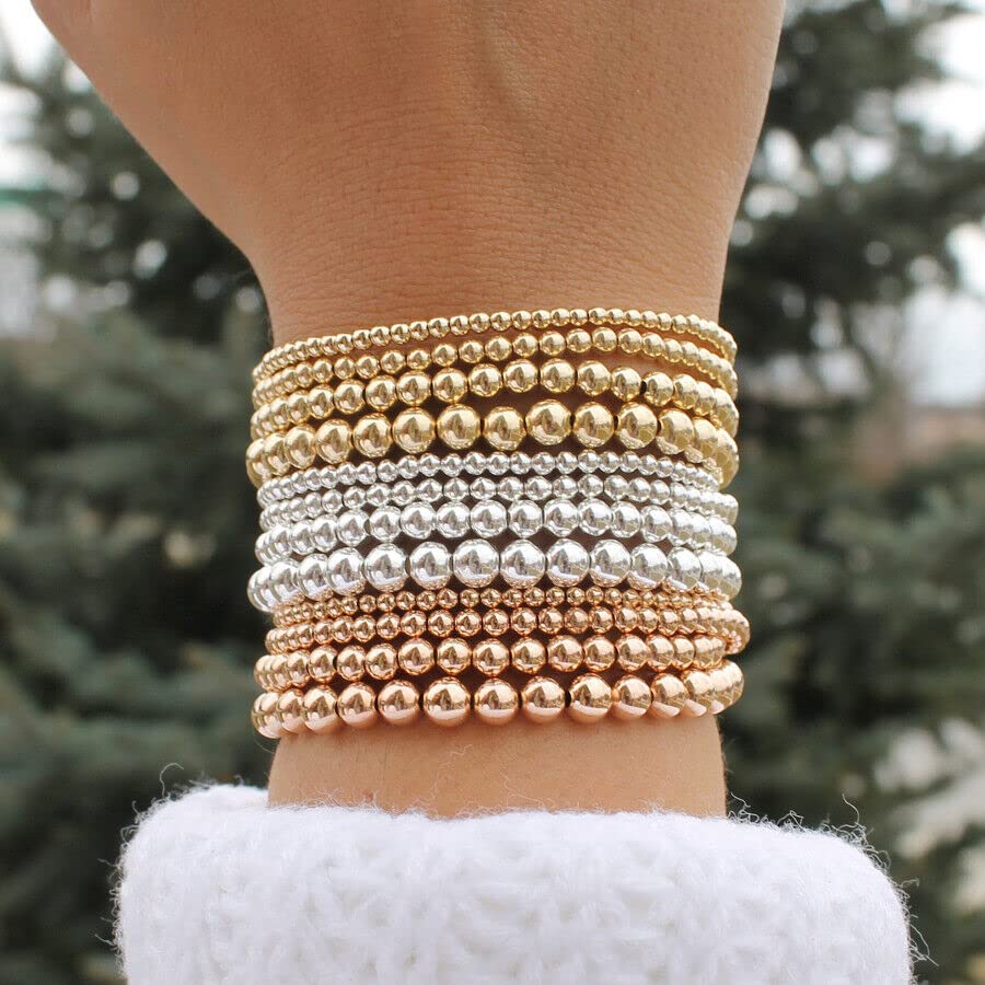 14K Gold Plated Copper Bead Bracelets Women Bracelet 4MM 5MM 6MM 8MM - ( Size:4MM, Color:White Gold Plated )