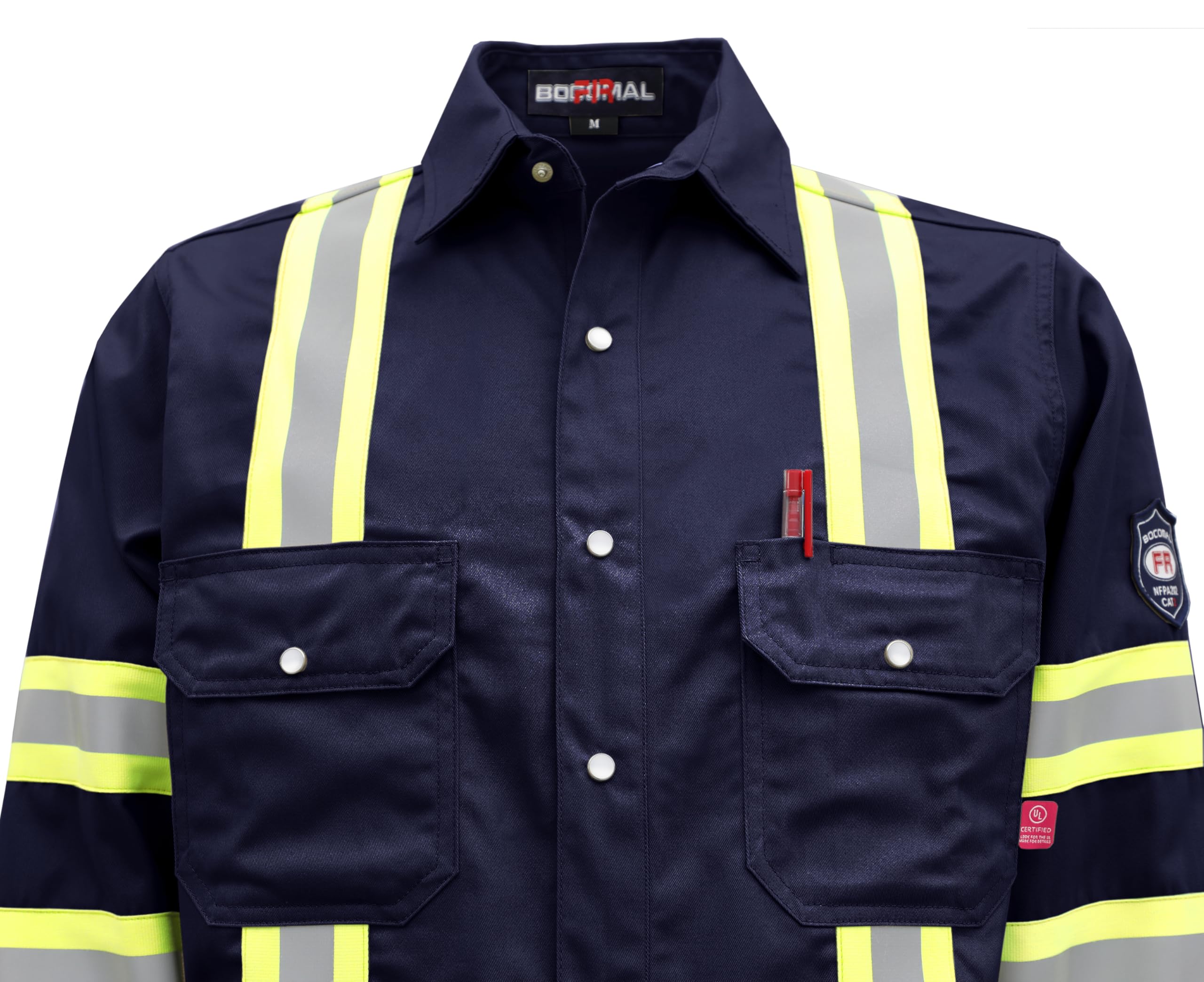 BOCOMAL FR Shirts Hi Vis/High Visibility Flame Resistant/Fire Retardant Shirt 7.5oz Navy FR Shirts for Men