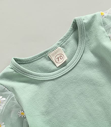 Baby Girls Bell Bottoms 3Pcs Daisy Outfits Mesh Patchwork Playsuit Flared Pants Headband (Green, 6-12 Months)