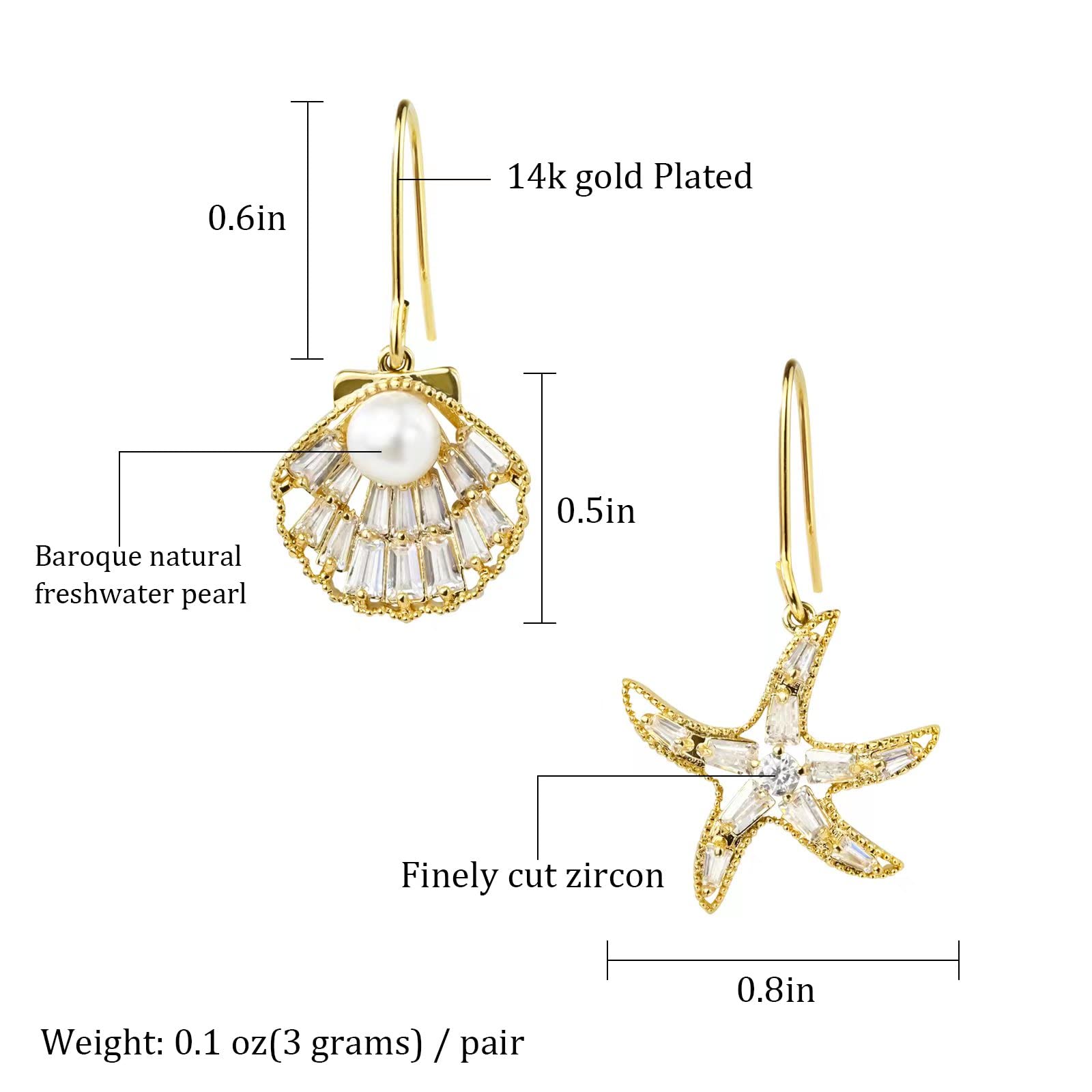 14K Gold Plated Starfish Shell Dangle Earrings for Women, Hypoallergenic Beach Earrings Handmade Asymmetric Earrings for Sensitive Ears
