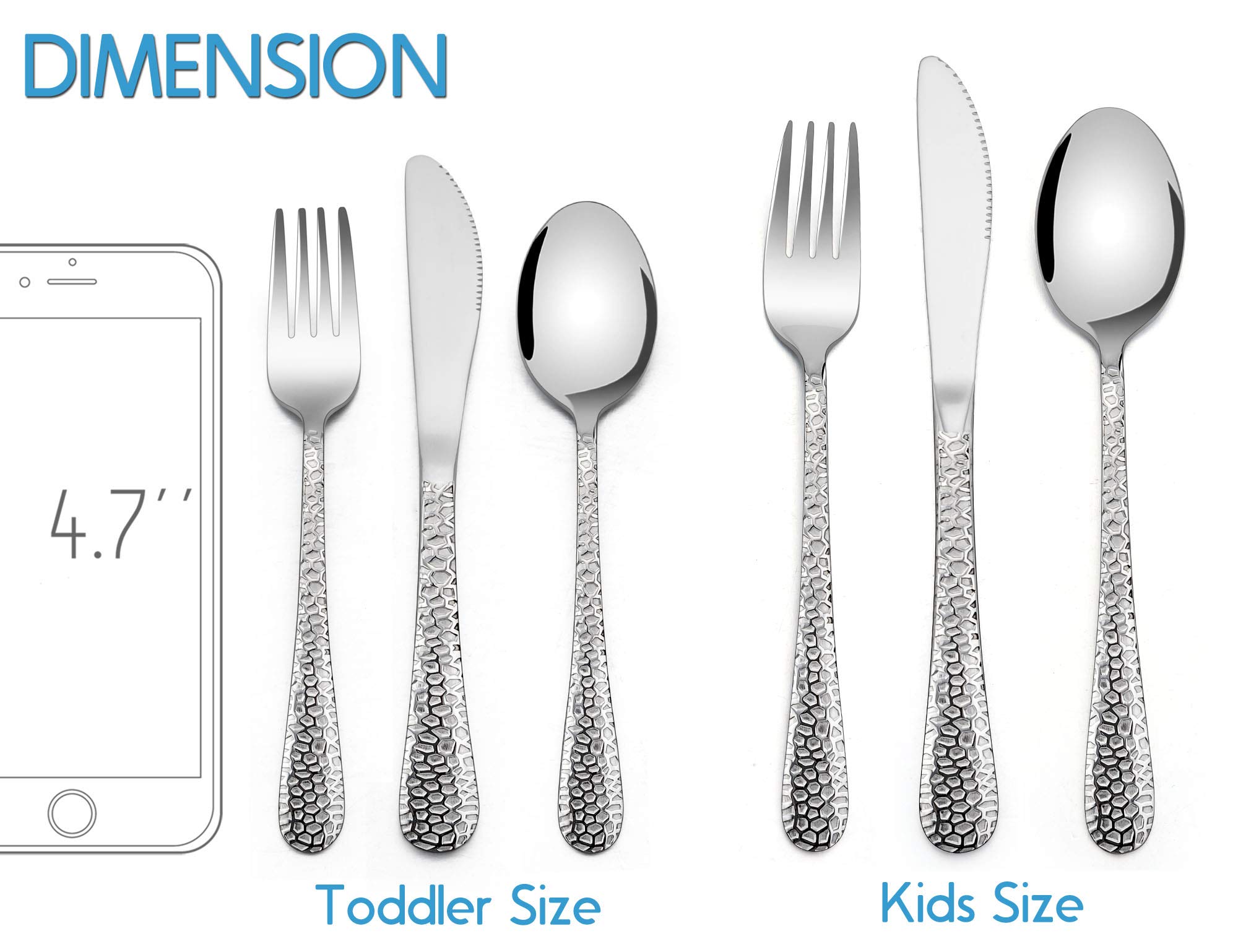 12 Piece Kids Utensils Silverware Set, E-far Stainless Steel Hammered Toddler Cutlery Child Flatware Progress Set, Small Adult Diet Tableware Include Fork Spoon Knife, Mirror Finished, Dishwasher Safe