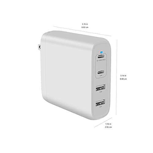 Amazon Basics 100W Four-Port GaN Wall Charger w/ 2 USB-C (100W,18W) & 2 USB-A Ports (12W) w/PD for Laptops, Tablets & Phones (iPhone 16/15/14/13/12/11/X, iPad, Mac, Samsung, and More), Non-PPS, White