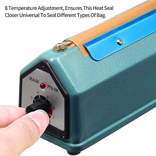 8 inch 200mm Impulse Bag Sealer, Manual Bag Sealer Heat Seal Closer, Adjustable Timer Electric Heat Seal Closer Packaging Sealer with 2 Free Replacement Kit, Blue
