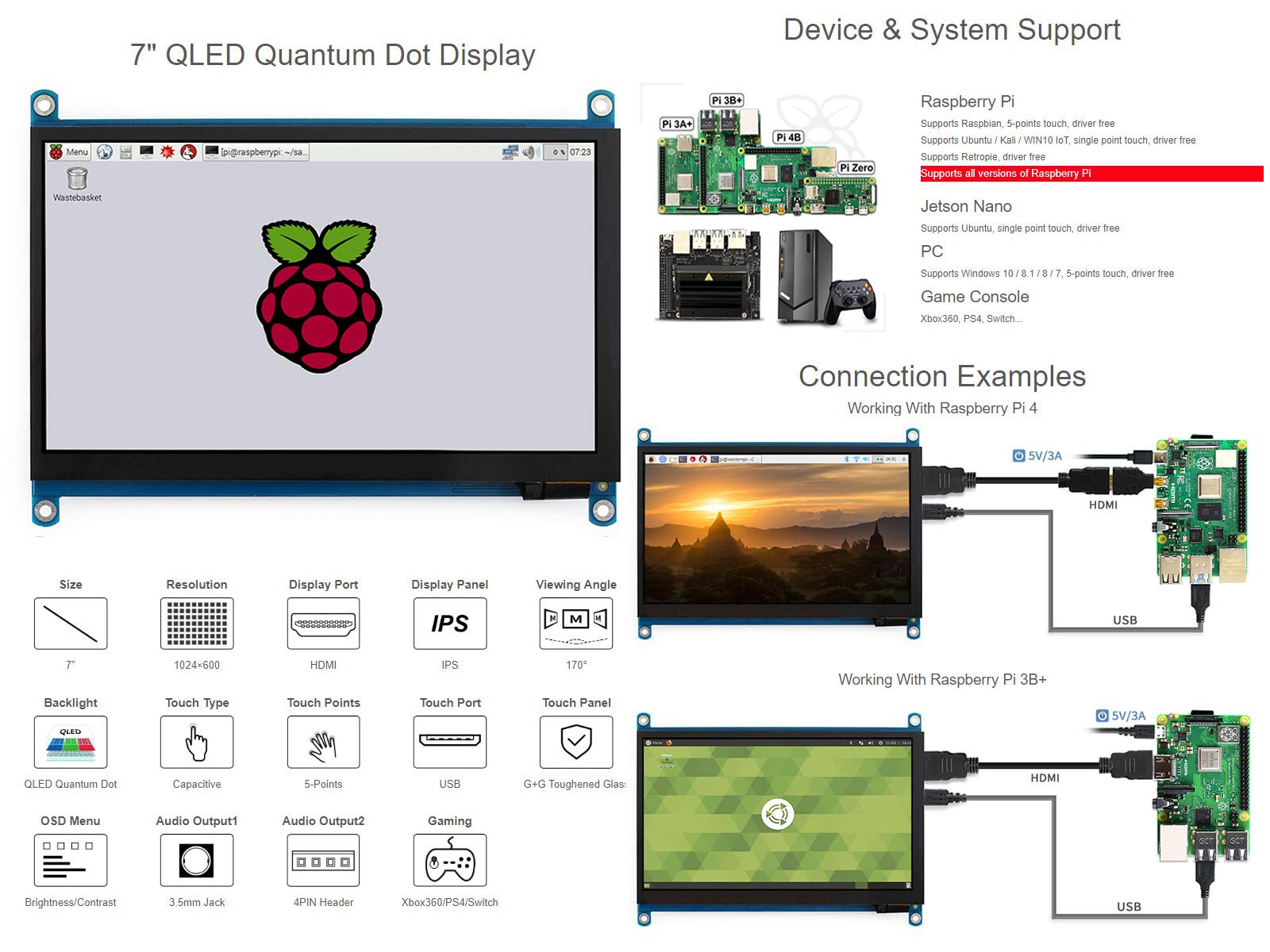 TOP1 7 inch QLED Quantum Dot Display Capacitive Touch Screen Monitor 1024×600 G+G Toughened Glass Panel for Raspberry Pi/Jetson Nano/Game Console, 7HP-CAPQLED