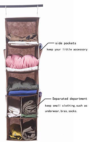 Amelitory 5 Shelf Hanging Closet Organizer Sturdy Fabric Foldable Clothes Hanging Shelves Storage Sweaters Shoes Organizer Coffee