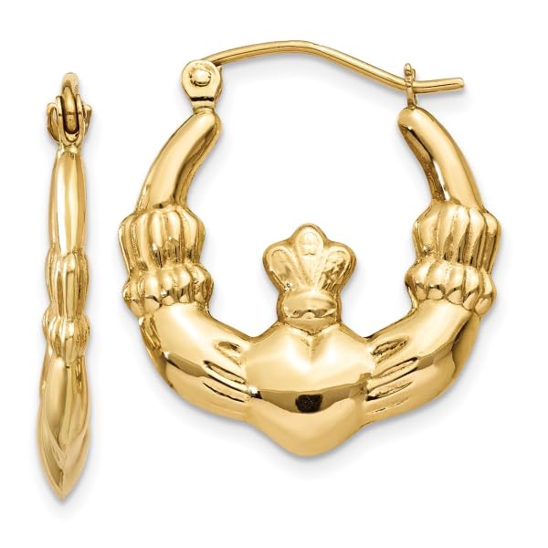14K Yellow Gold Heart Love Irish Claddagh Celtic Hoop Earrings Jewelry