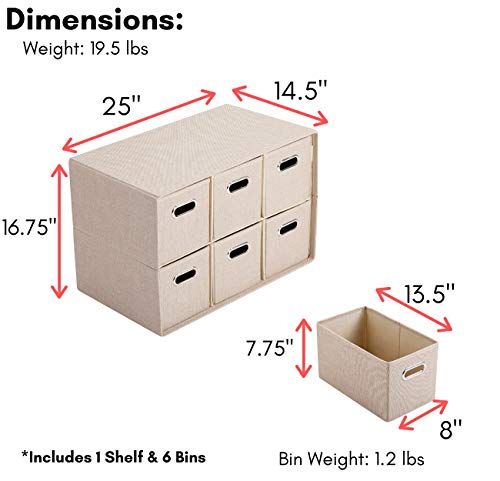 BIRDROCK HOME Cream Linen Cube Organizer Shelf with 6 Storage Bins – Strong Durable Foldable Shelf – Kid Toy Clothes Towels Cubby – Collapsible Bedroom Fabric Shelves and Cubes