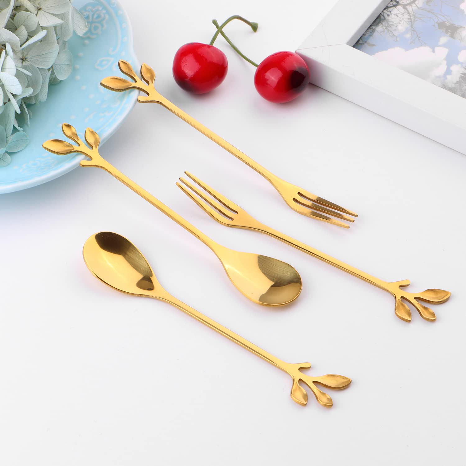 12pcs Stainless Steel Gold Leaf Coffee Spoon and Cake Fruit Forks Kitchen Accessory Wedding Party for Dessert, Salad, Appetizer, Spoon and Fork Set(6 Forks + 6 Spoons) (Gold)