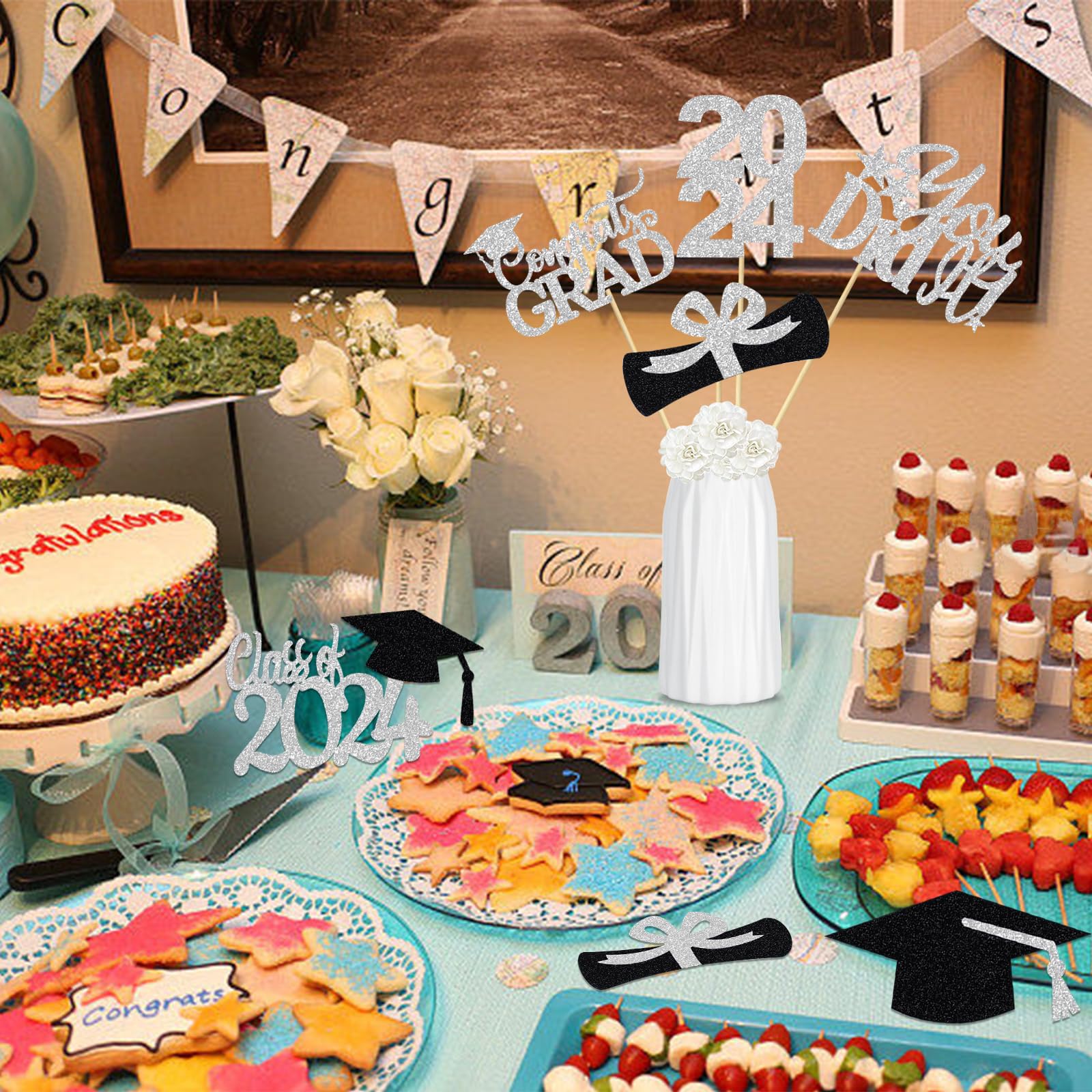24 Pcs Graduation Centerpieces 2024 Silver, Graduation Centerpieces for Tables 2024 Silver Graduation Centerpiece Sticks for Graduation Party Decorations 2024 Silver