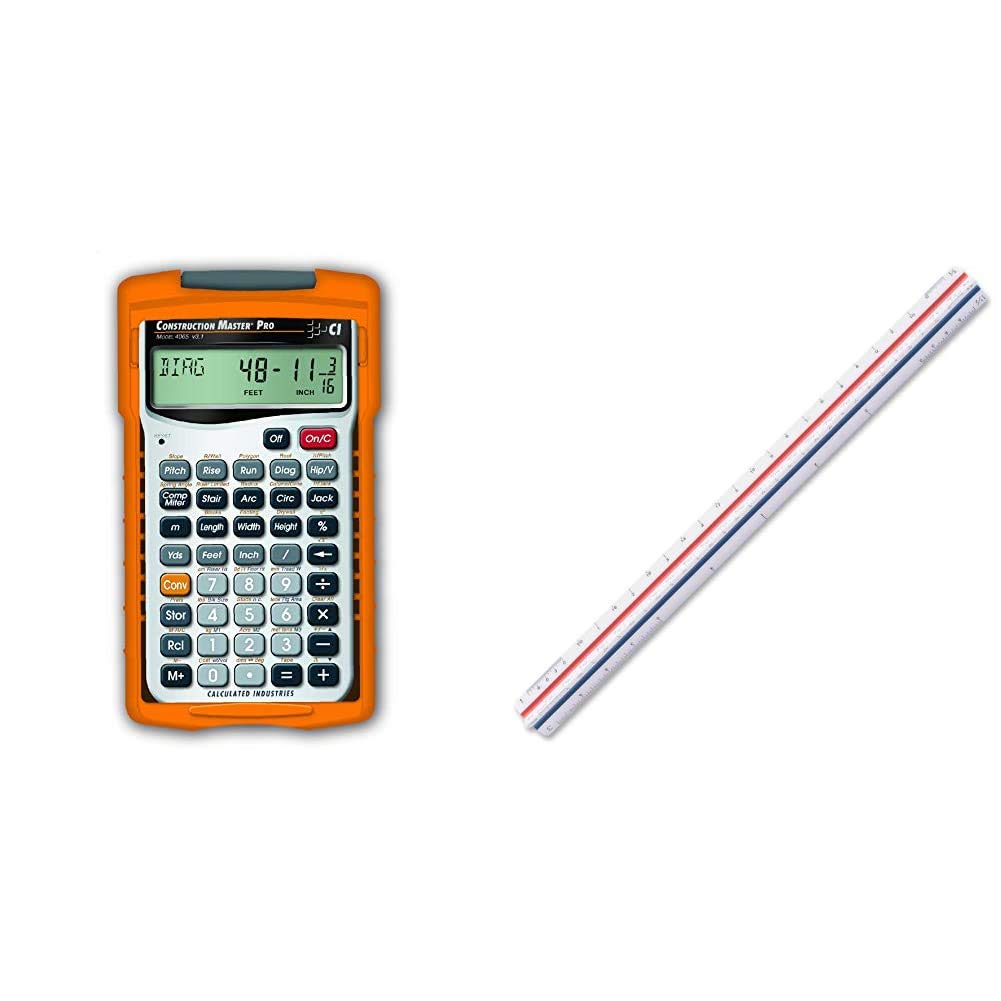 Calculated Industries Construction Master Pro Advanced Construction Math Feet-inch-Fraction Calculator + Staedtler 12-Inches Architect Triangular Scale Bundle