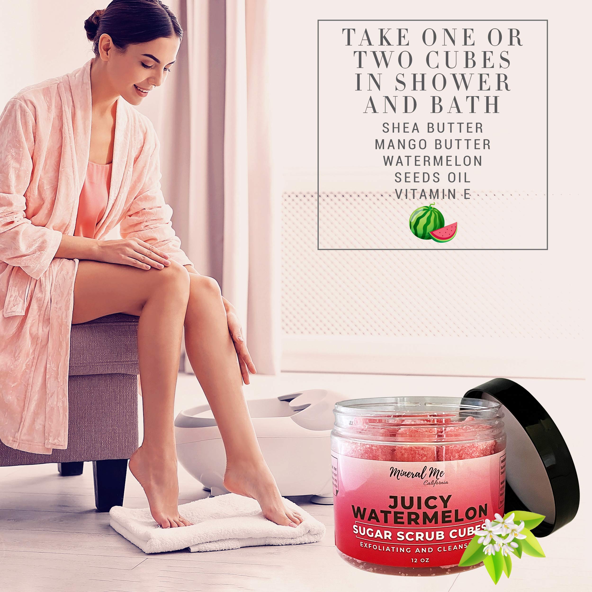 Body Scrub Exfoliator - 12oz WATERMELON Sugar scrub cubes w/Mango Butter & Shea butter- Ultra Hydrating & Moisturizing - All Natural & Organic for all body exfoliation- For hands, arms legs, elbow
