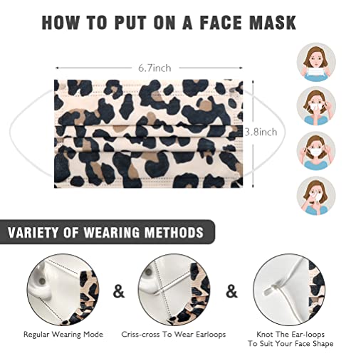 Disposable Face Mask - 50pcs Comfortable Protective Mouth Cover,Printed Cheetah Face Mask Adults, 3-Ply Breathable Safety Mask for Indoor Outdoor Home Office Travel (Leopard)