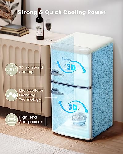 Bodare Retro Mini Fridge with Freezer: 3.2 Cu.Ft Mini Refrigerator with 2 Doors - Small Refrigerator Energy-Saving Compact Refrigerator - Small Fridge for Bedroom Dorm Office Apartment (White)