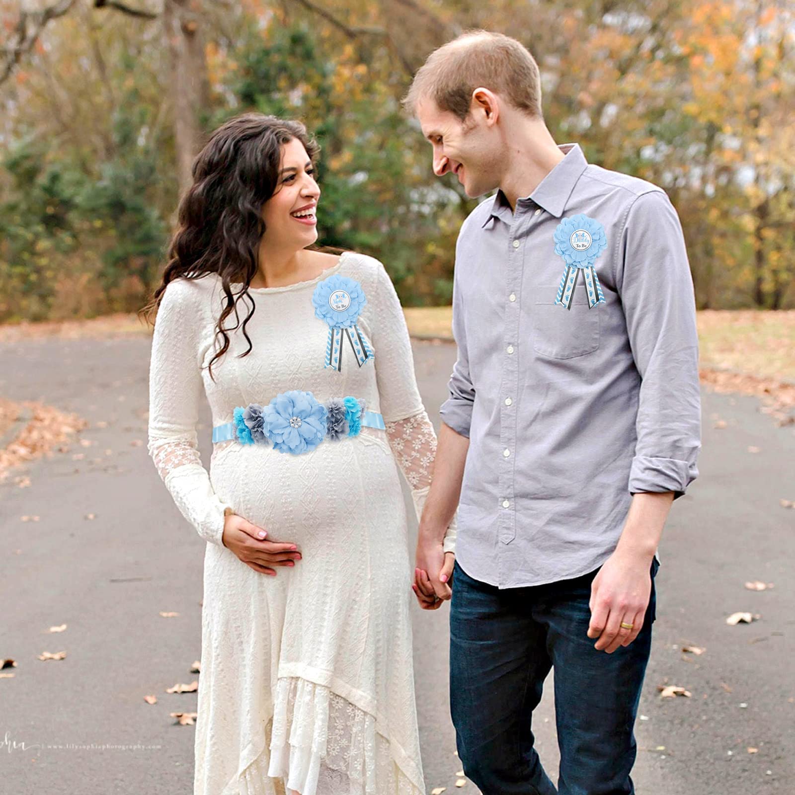 Blue Elephant Maternity Sash Mom to Be & Daddy to Be Corsage Set Blue and Gray Flower Belly Belt Blue Belly Sash Corsage Blue Little Peanut Theme Baby Shower Maternity Photography Keepsake