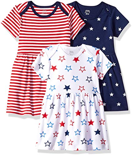 Amazon Essentials Baby Girls' Short-Sleeve Cotton Dress, Pack of 3, Navy Stars/Red Stripe/White Stars, 18 Months