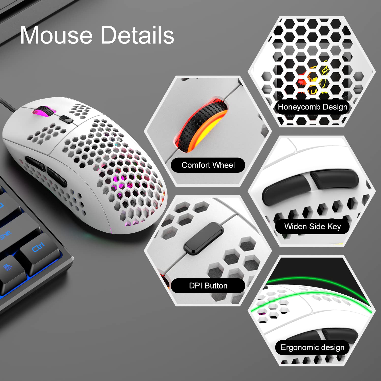 60% Gaming Keyboard Honeycomb Mouse and RGB Headset Comboith Rainbow Backlight Ergonomic 62Key Mechanical Feeling Adjustable 7200DPI Mice Stereo Sound Headphone for PS4 Xbox One PC Mac Gamer