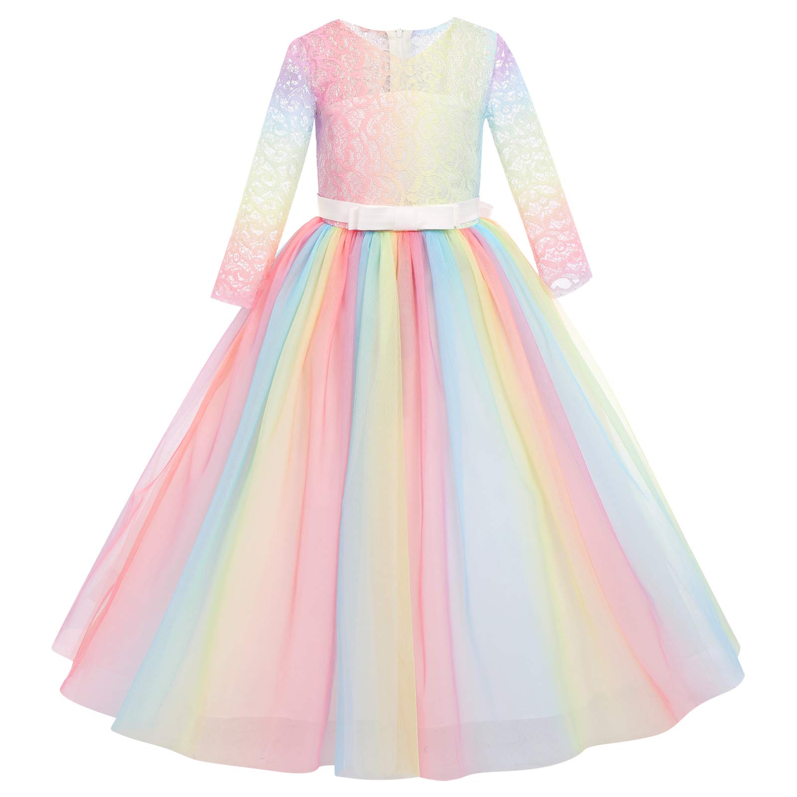 Baby Girls 3/4 Sleeve Floral Lace Tulle First Communion Pageant Holiday Dresses Kids Big Girls Princess Birthday Carnival Christmas Baptism Christening Birthday Prom Ball Gown Rainbow-White 7-8 Years