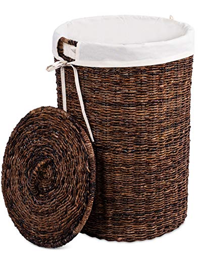 BirdRock Home Abaca Laundry Hamper with Liner - Round Clothes Bin with Lid - Organize Laundry - Cut-Out Handles for Easy Transport - Includes Machine Washable Canvas Liner (Espresso)