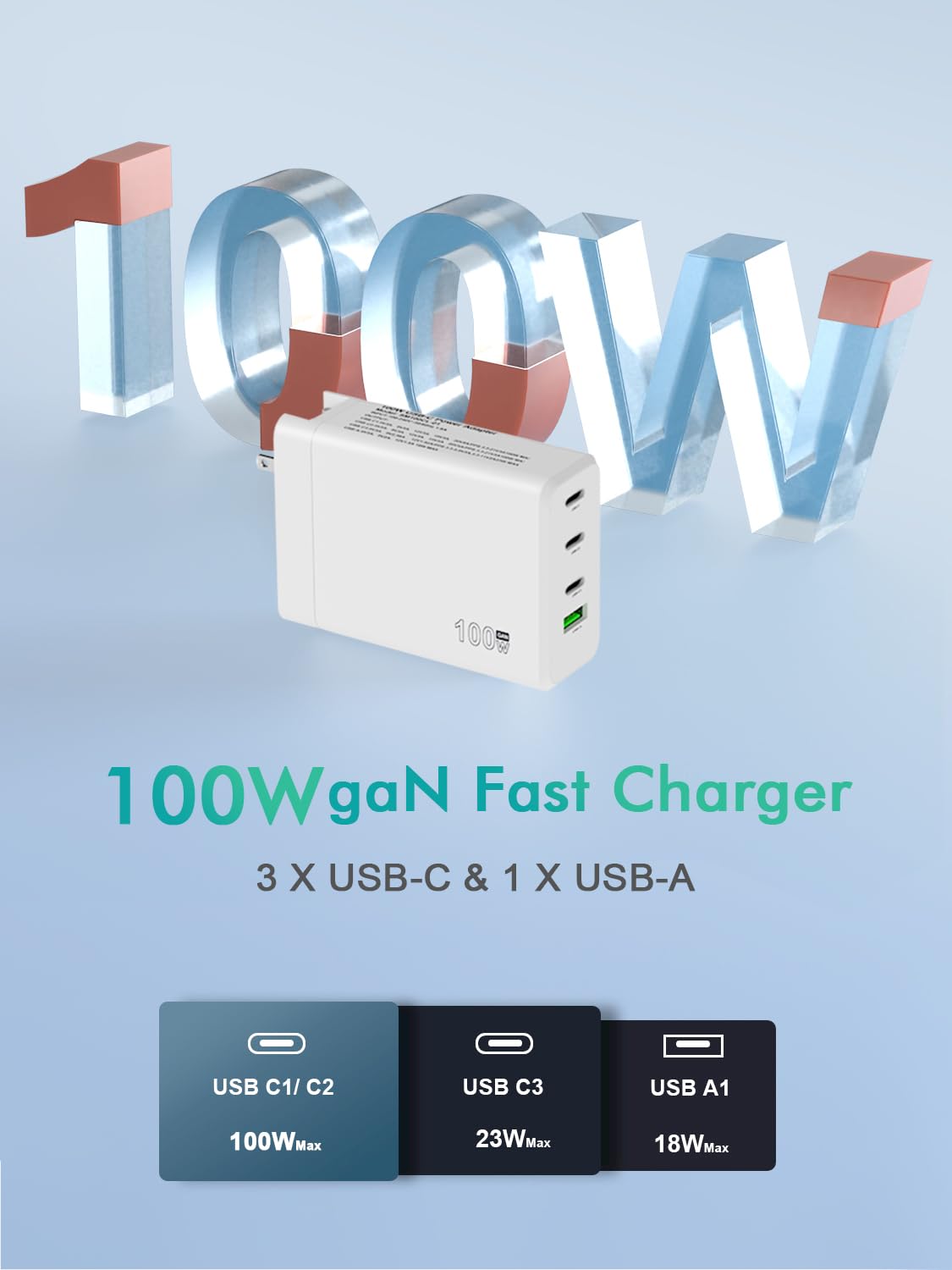 100W USB C Charger Block Mult Port, GaN Fast Charging Block for MacBook Pro/Air, Samsung Galaxy S23/S22,Note,Google Pixel,iPad,iPhone,Tablets,Laptop and More(Compact and Foldable Travel Wall Charger)
