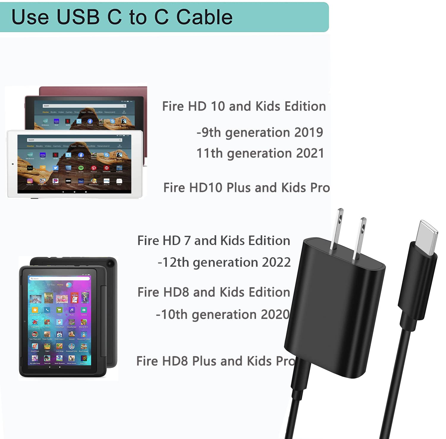 10Ft 15W USB-C -C Fast Charger with 10Ft Extra Long Cable for Charging New Fire HD7/7Kid/ 8/8Plus/8 Kids Edition/8 Kids Pro/HD 10/10Plus//10 Kids Pro (2019-2022 Release)