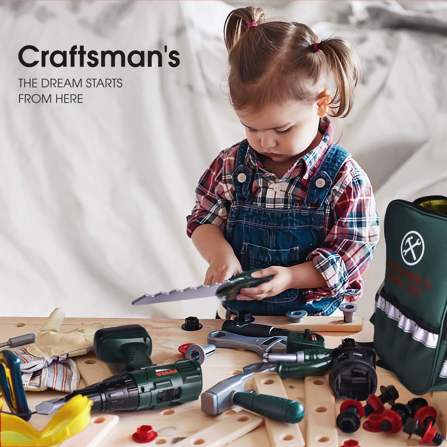35PCS Kids Tool Set, Including Electronic Cordless Drill, Pretend Play Toy Tool Accessories and a Sturdy Tool Bag