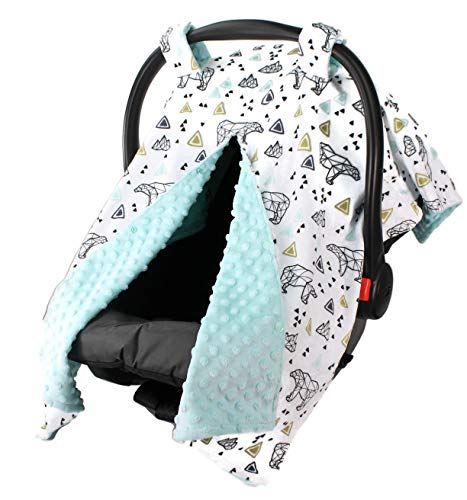 Top Tots Deluxe Baby Car Seat Canopy Cover, Kaleidoscope Bear, Minky Dot, White