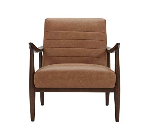 Amazon Brand β Rivet Spear Mid-Century Modern Channel Tufted Leather Accent Chair with Wood Arms, 29.1"W, Cognac Brown