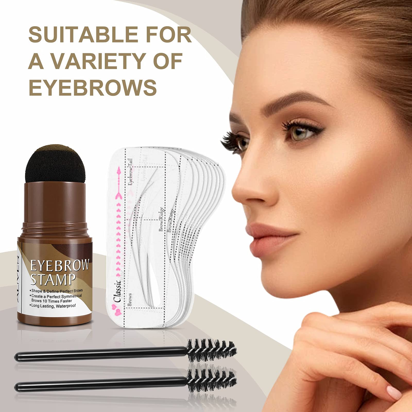 Eyebrow Stamp Stencil Kit, contains 10 reusable molds, and 2 small pencil brushes, Waterproof Brow Stamp and Shaping Kit, professional eyebrow styling tools (dark brown)