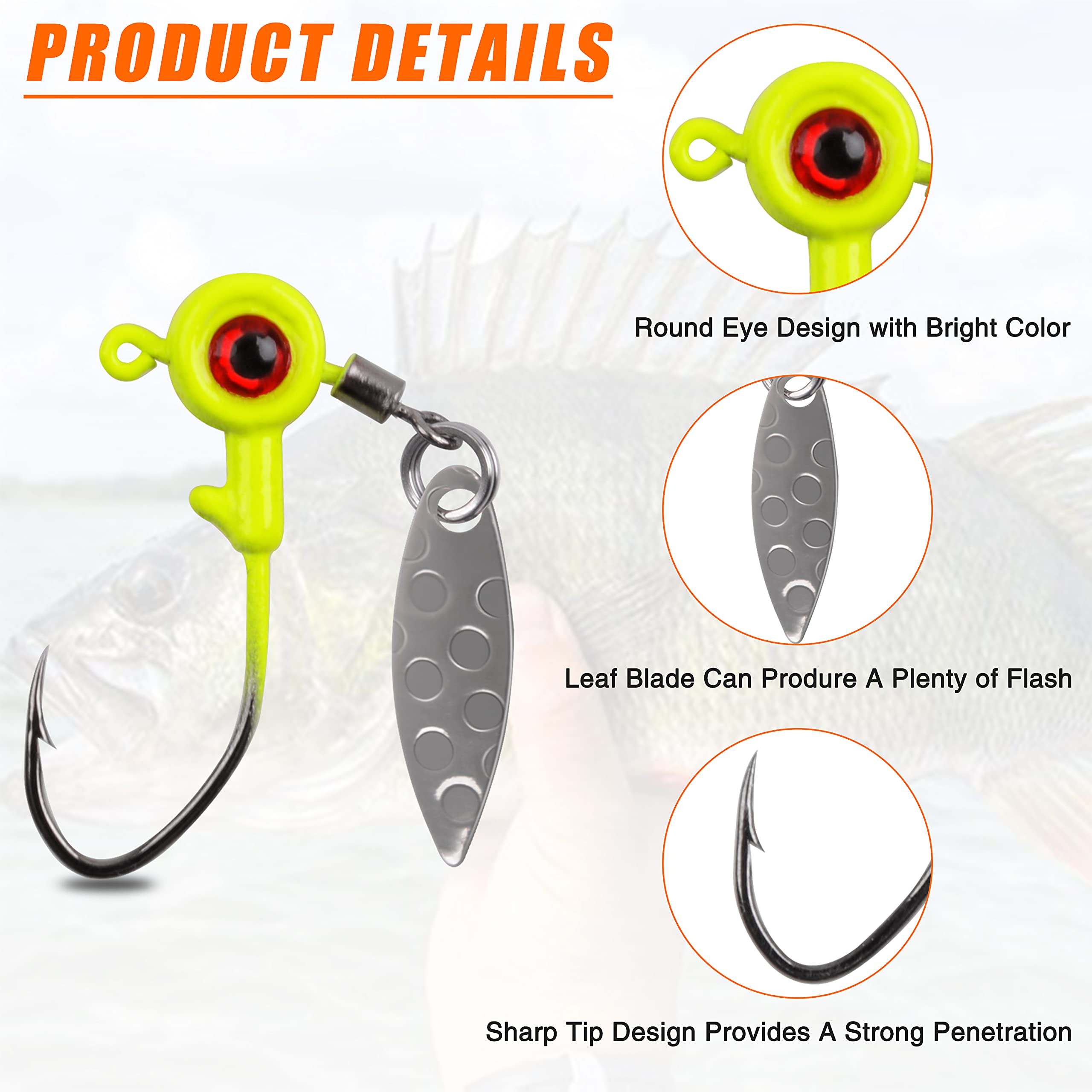 10Piece Fishing Jig Head with Willow Blade 3D Eyes Fishing Jigs Spoon Weighted Head Spin Jig Hook Lure Kit for Panfish Crappie