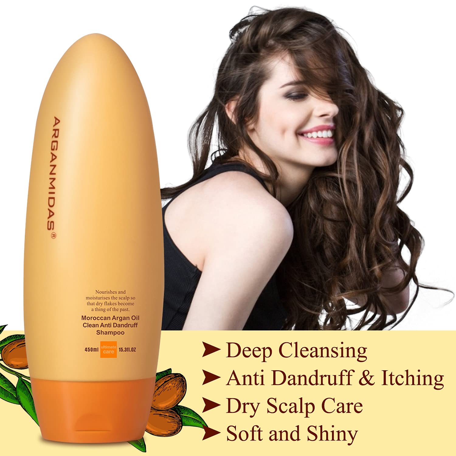 ARGANMIDAS Anti-Dandruff Moisturizing Shampoo for Dry, Flaky and Itchy Scalp - Treats and Prevents Dandruff for Women and Men, 15.3 Fl Oz