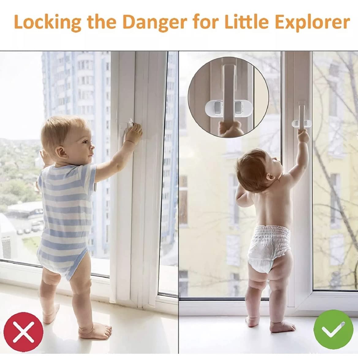 4 Pack, New and Improved Childproof Safety Door Lock, Prevents Toddlers from Opening Doors, BPA Free, 3M Adhesive, Easy to Install, No Drilling Needed.