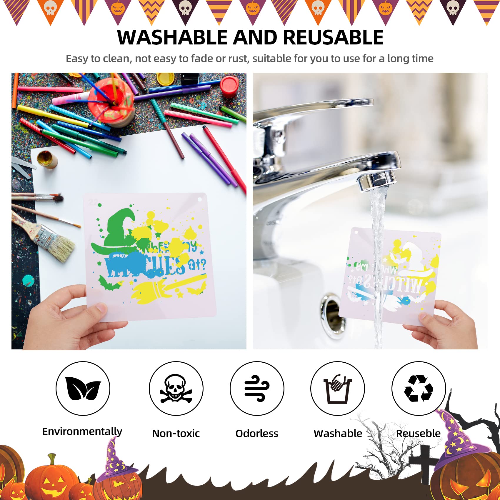 25pcs Halloween Stencils Reusable, 6x6"Halloween Stencils for Painting on Wood, Plastic Drawing Painting Spraying Template for Greeting Cards, Halloween Craft Ornaments Wall Window Door DIY Decoration