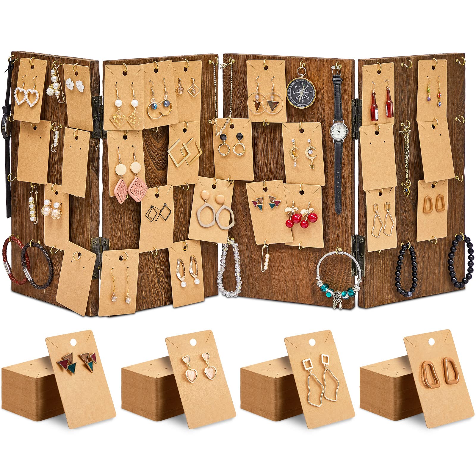 101 Pcs Foldable Wooden Jewelry Display Stand 64 Hooks Earring Display Rack for Selling Earring Display Cards 4 Panel Wood Jewelry Display Bracelet Organizer with Earring Cards for Business Home Using
