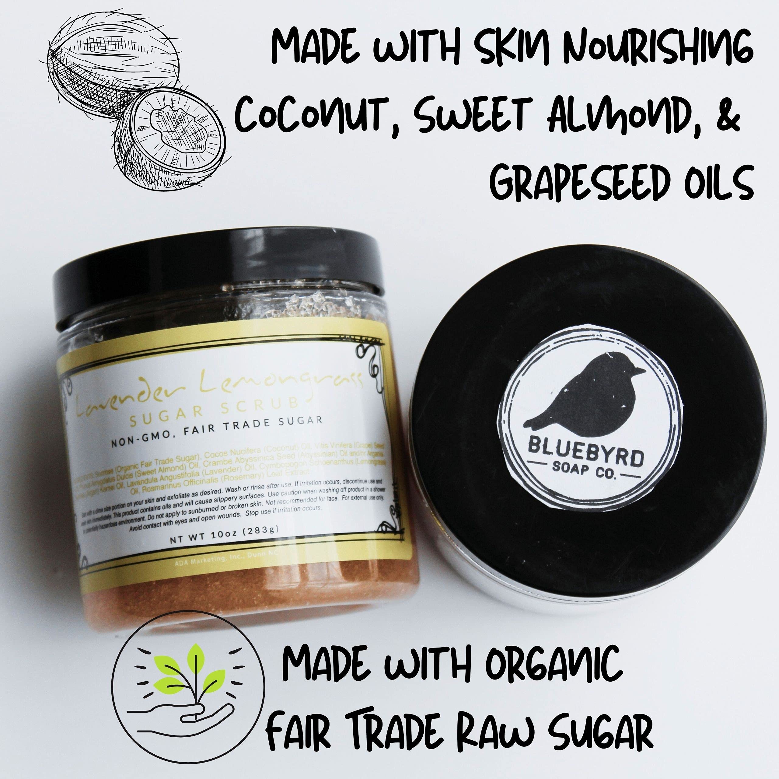 BLUEBYRD Soap Co. Lavender Lemongrass Sugar Scrub, 10oz. | Natural Sugar Face Scrub & Body Scrub | Exfoliate for Self-Tanners & Shaving | For Hydrated Youthful Looking Skin (Lavender)