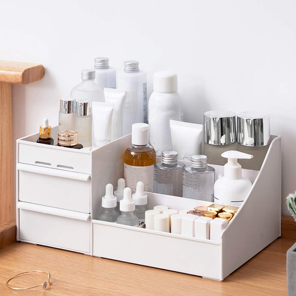Large Capacity Cosmetic Makeup Drawer Organizer Jewelry Nail Polish Makeup Container Desktop Sundries Storage Box (White)