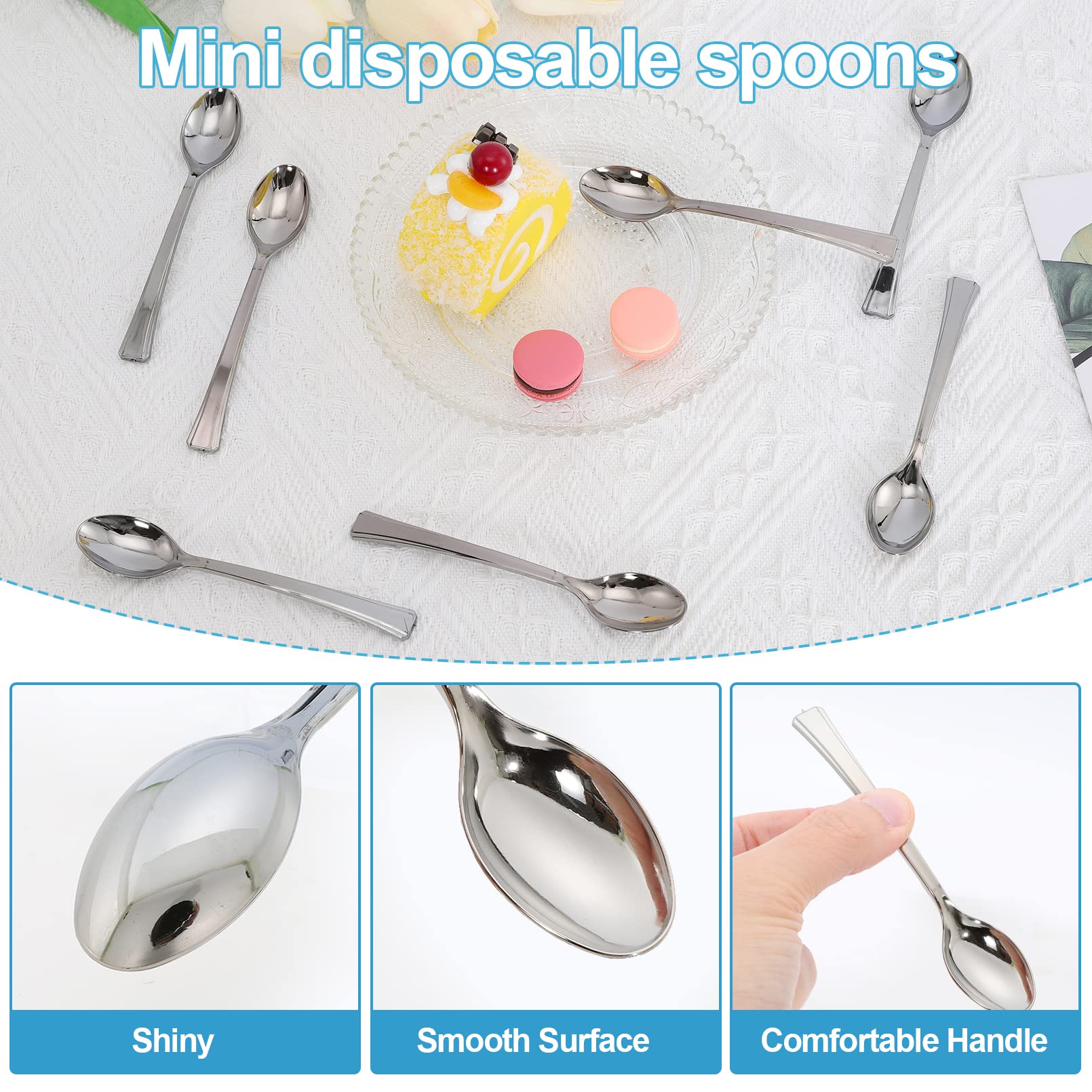 100PCS Mini Plastic Spoons,Silver Plastic Mini Spoons,Disposable Mini Dessert Spoons 4.5 Inches,Mini Tasting Spoons Appetizer Spoons Perfect for Coffee Espresso Cake Desserts Appetizers
