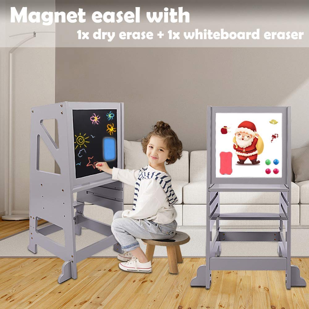 Toddler Kitchen Step Stool Toddler Standing Tower Toddler Step Stool Toddler Tower with Message Boards Safty Rail-Adjustable Kids Kitchen Step Stool for Kitchen Counter Bathroom Sink (Grey)