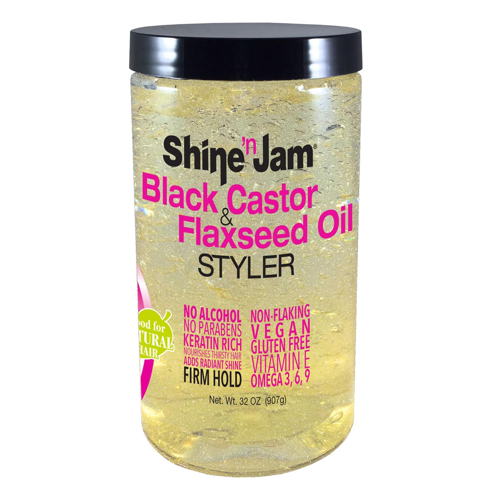 AmPro Shine-n-Jam Castor Oil and Flaxseed Gel - Nourishes Tresses and Adds Shine - Infused With Vitamin E to Condition All Hair Textures - Strengthens with Keratin Protein and Omega 3-32 oz